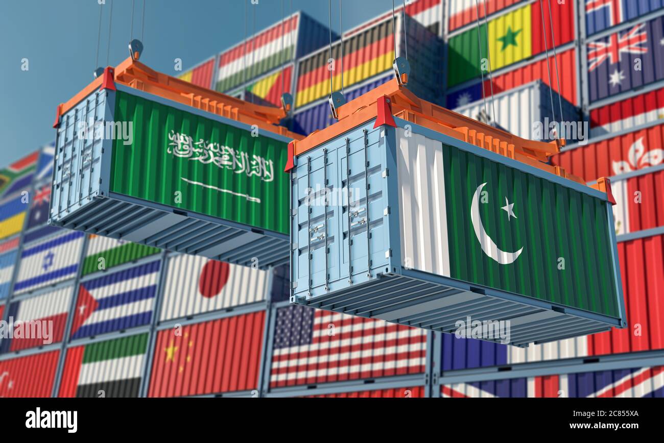Freight containers with Pakistan and Saudi Arabia flag. 3D Rendering ...