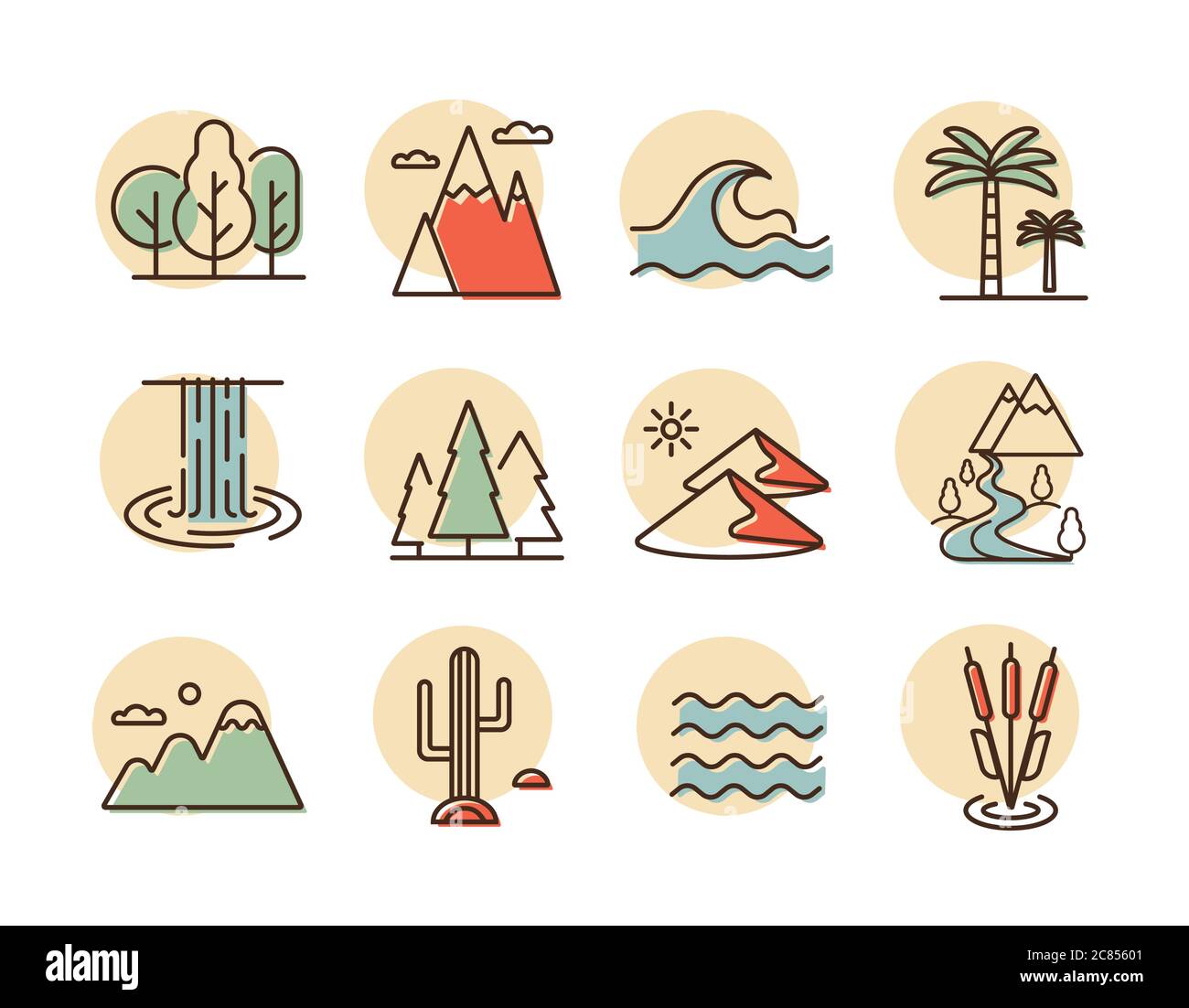 Vector nature icons set. desert, mountains, forest, river, sea, lake ...