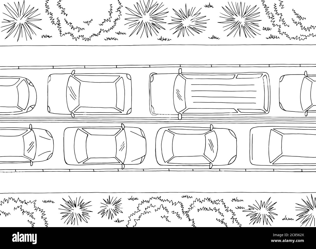 Traffic jam street road graphic black white sketch aerial view ...