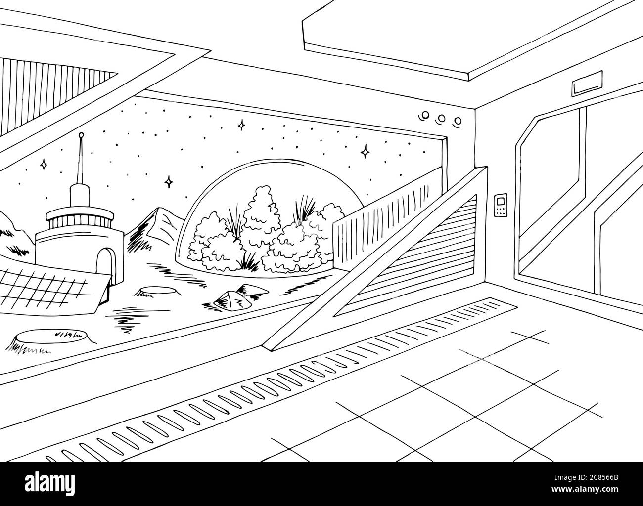 Space colony interior base station graphic black white sketch ...