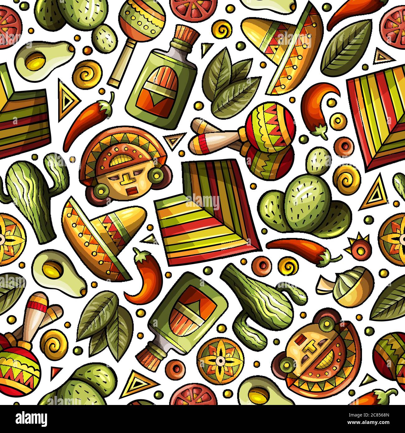 Cartoon hand-drawn latin american, mexican seamless pattern Stock ...