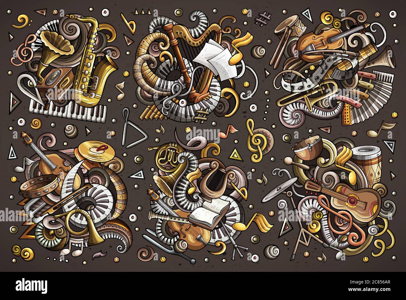 Colorful vector doodles cartoon set of classical musical instruments ...