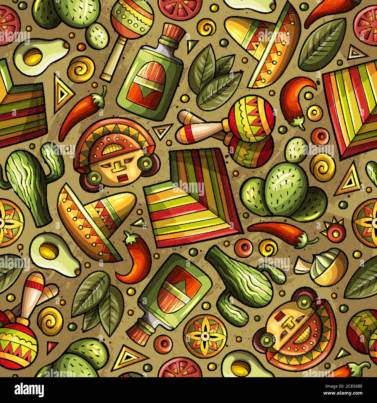 Cartoon hand-drawn latin american, mexican seamless pattern Stock ...