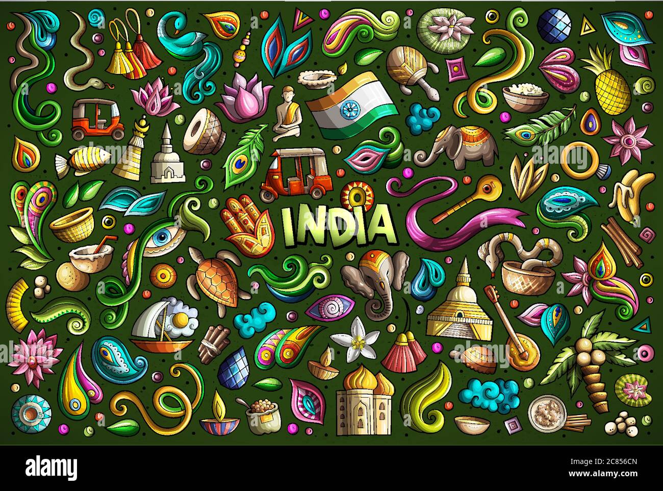 Vector doodle cartoon set of Indian objects and symbols Stock Vector ...