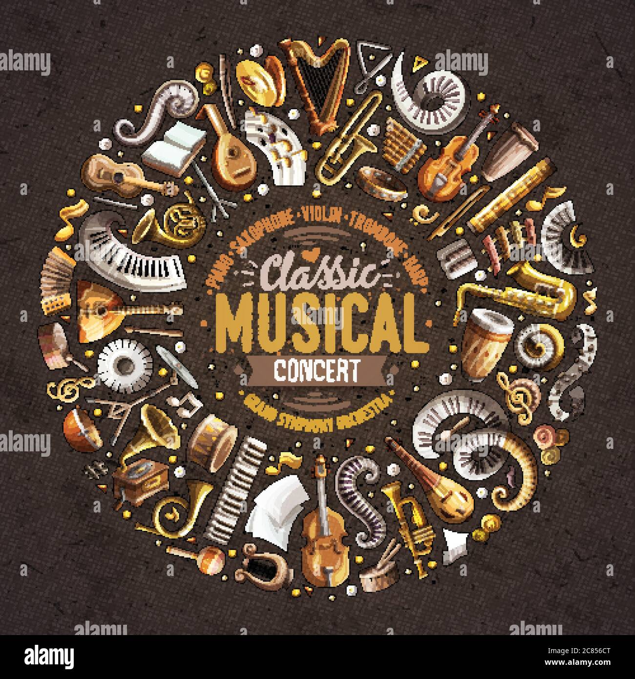 Set of vector cartoon doodle classic musical instruments and objects ...