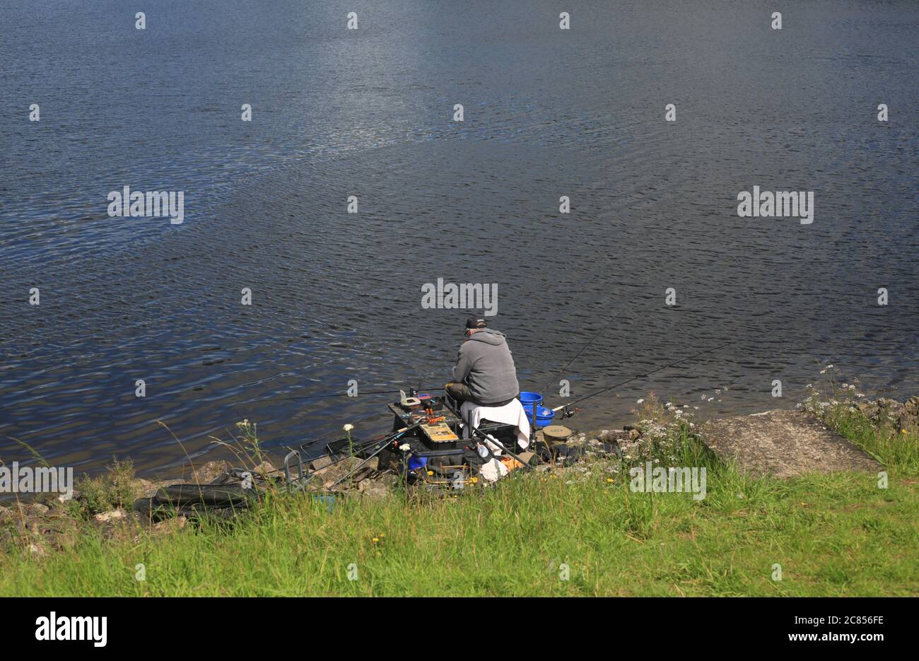 Anglers fishing in Trimpley reservoir, Worcestershire, England, UK ...