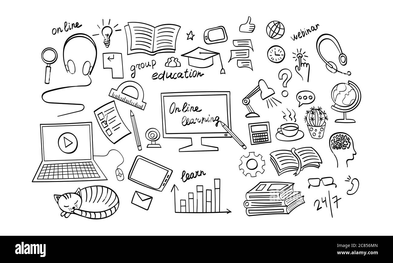 Online education hand drawn icons set. Distance learning doodles ...