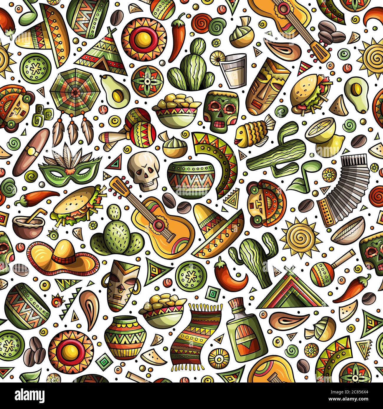 Cartoon hand-drawn latin american, mexican seamless pattern Stock ...