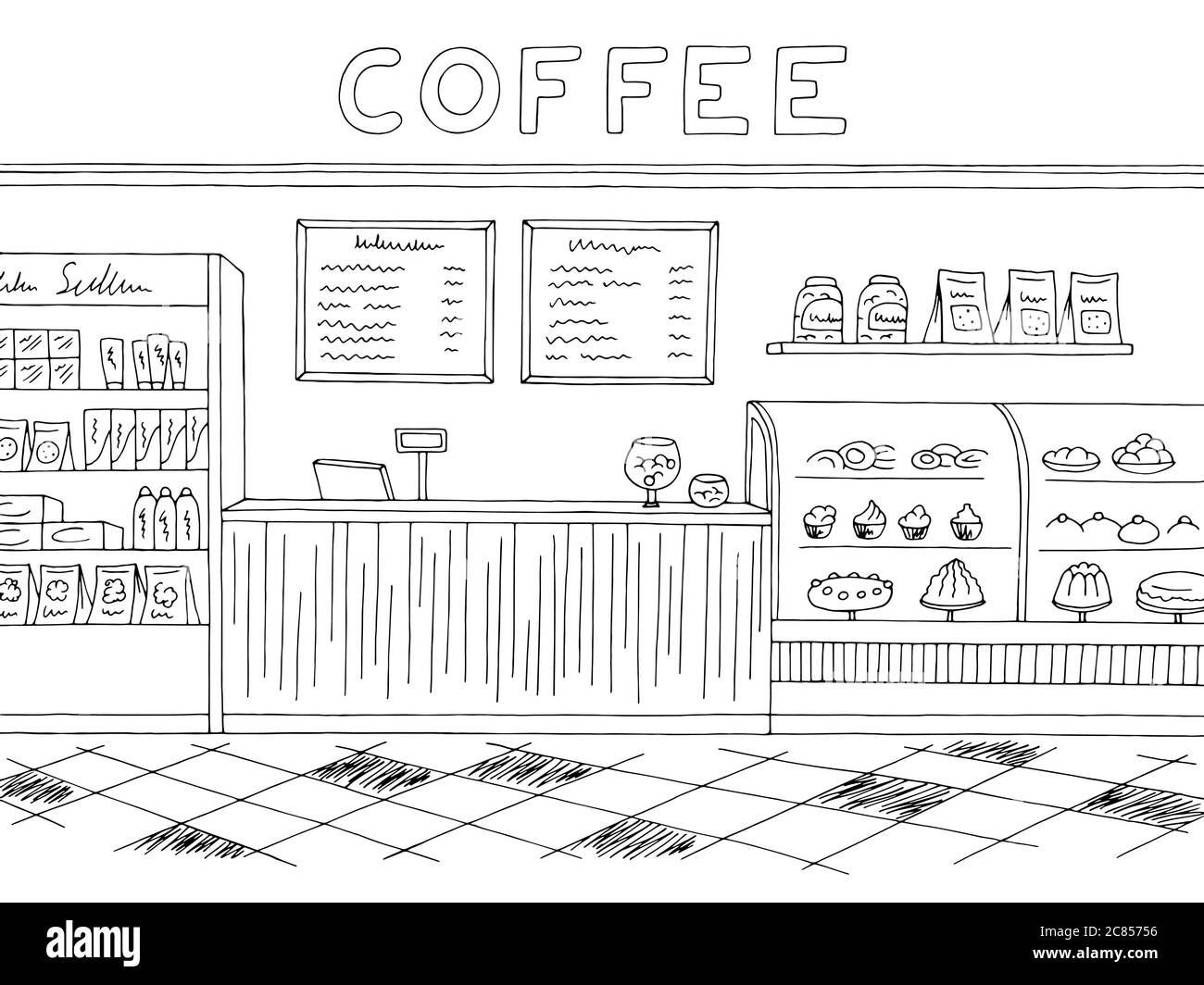 Cafe graphic black white interior sketch illustration vector Stock ...