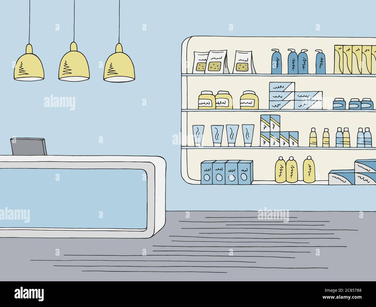 Pharmacy interior graphic store shop color sketch illustration vector ...