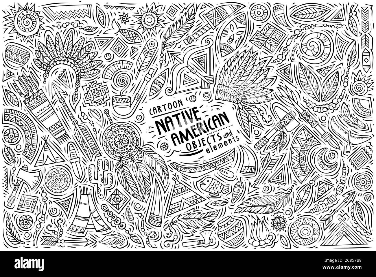 Colorful vector hand drawn doodle cartoon set of Native American ...