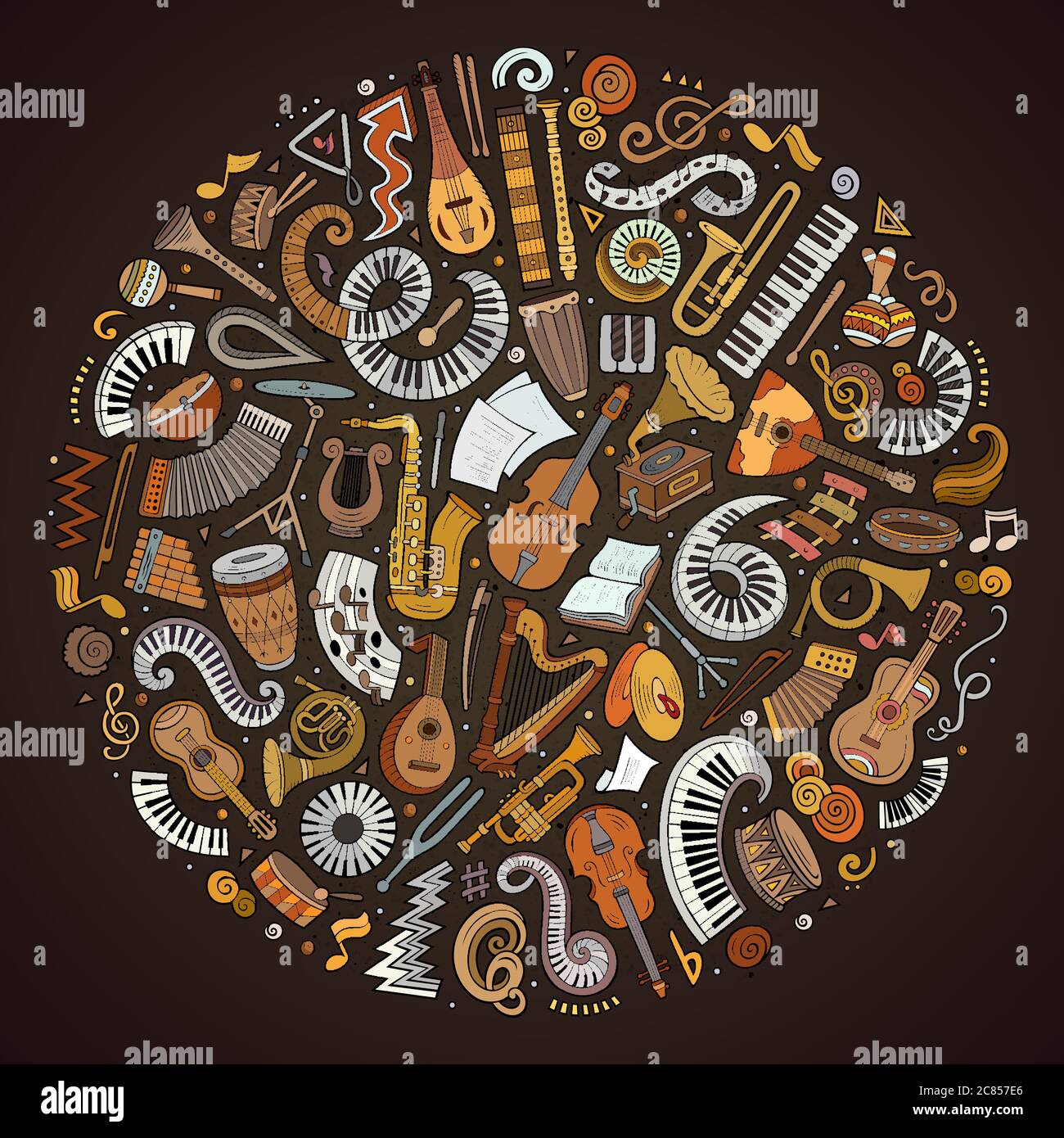 Set of vector cartoon doodle classic musical instruments and objects ...