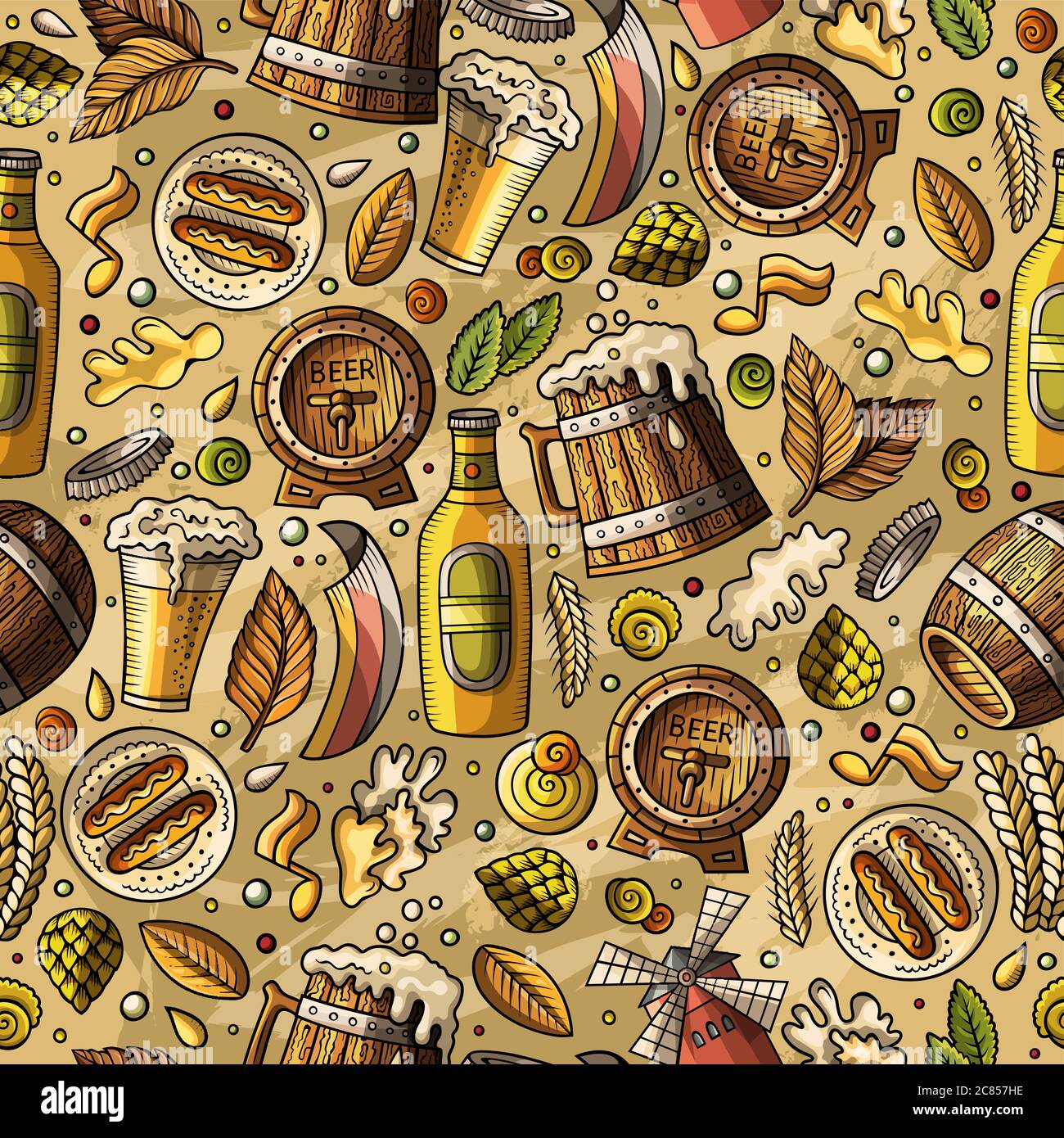Cartoon cute hand drawn Beer fest seamless pattern Stock Vector Image ...