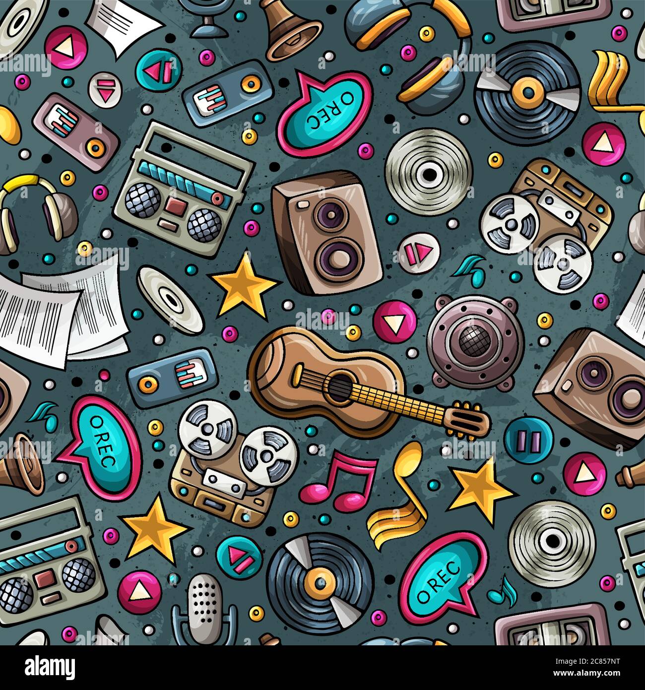 Cartoon hand-drawn musical instruments seamless pattern Stock Vector ...