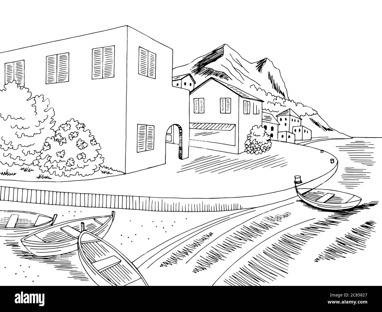 Town sea graphic black white bay landscape sketch illustration vector ...