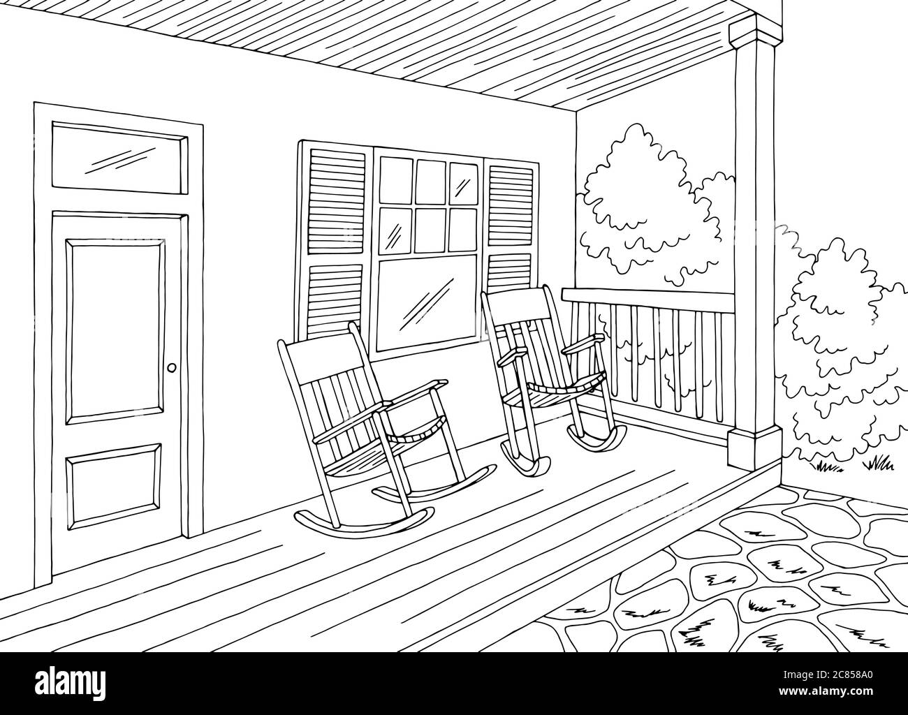 Porch graphic house building black white sketch illustration vector ...