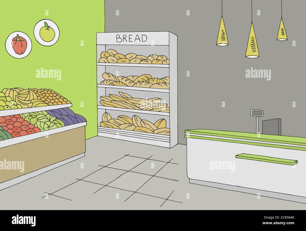 Grocery store shop interior color graphic sketch illustration vector ...