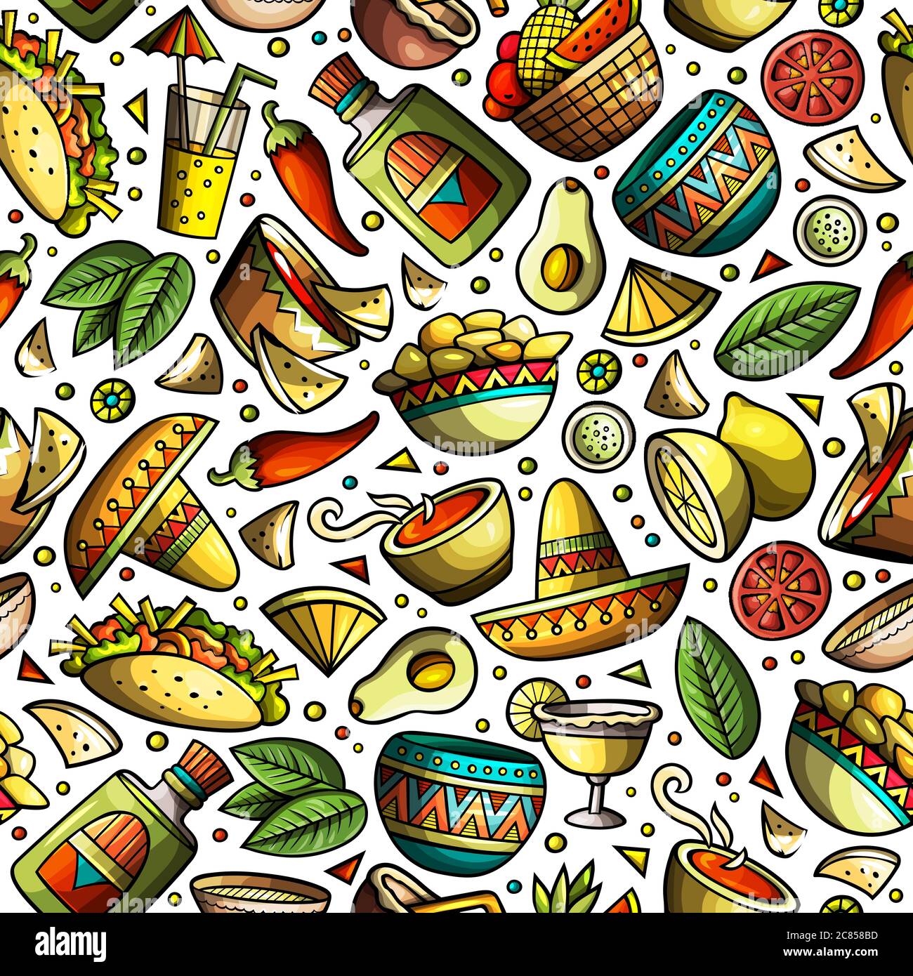 Cartoon hand-drawn latin american, mexican seamless pattern Stock ...