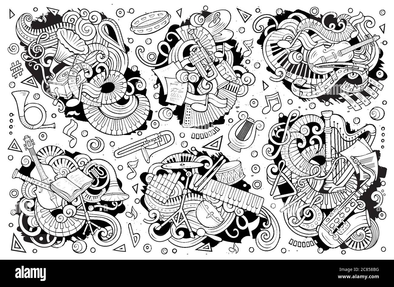 Vector doodles cartoon set of classical musical instruments objects ...