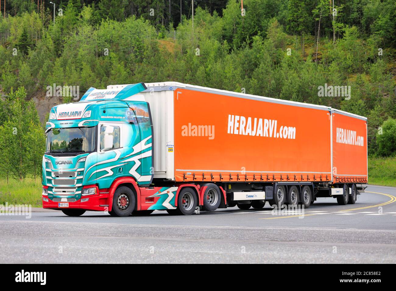 Customised Scania 520 truck with semi trailer and centre axle trailer ...