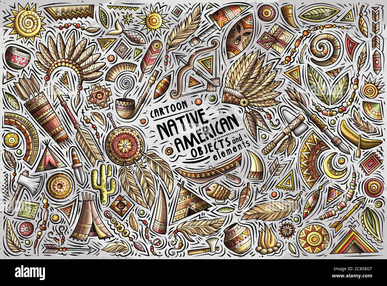 Colorful vector hand drawn doodle cartoon set of Native American ...