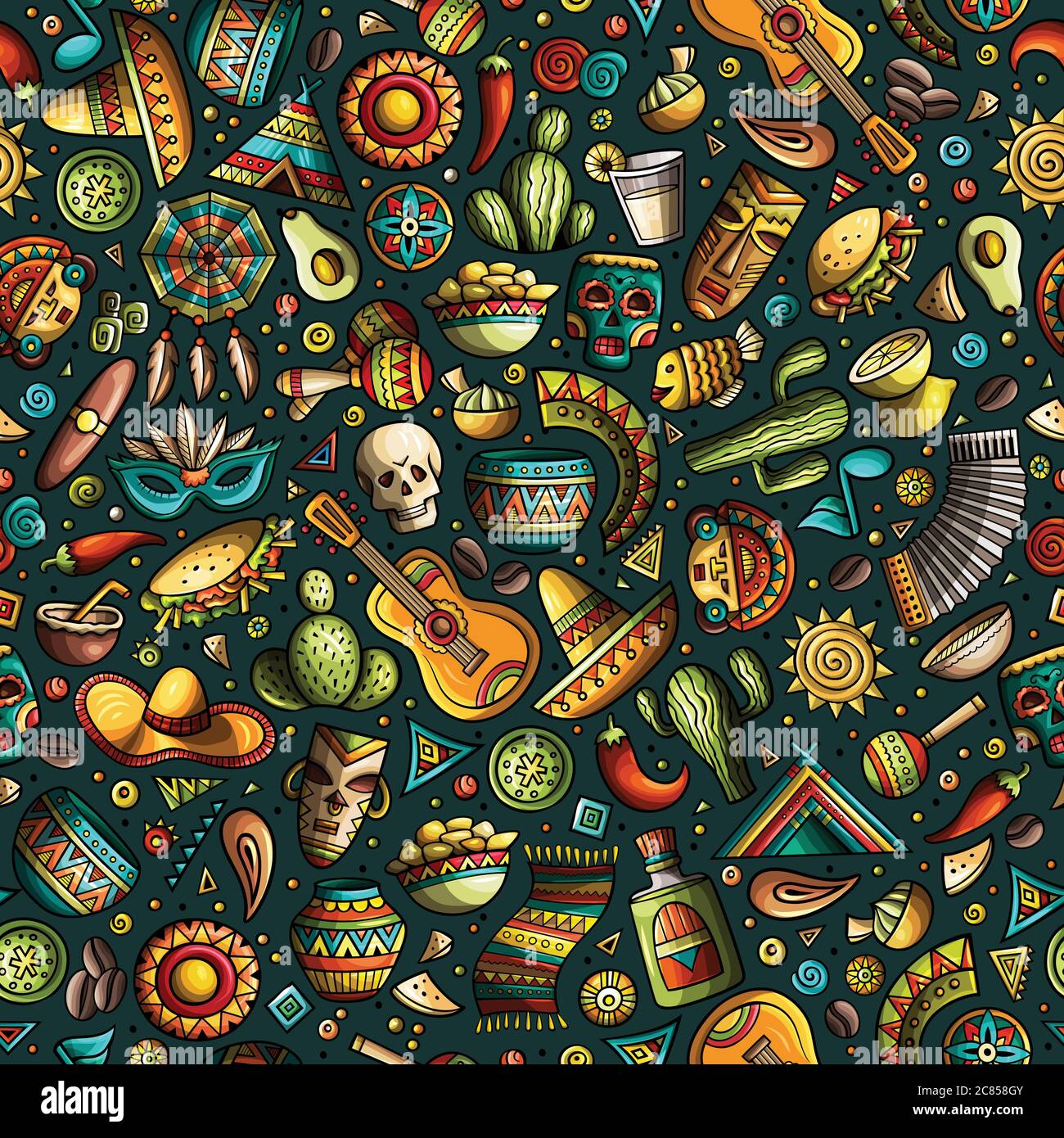 Cartoon hand-drawn latin american, mexican seamless pattern Stock ...