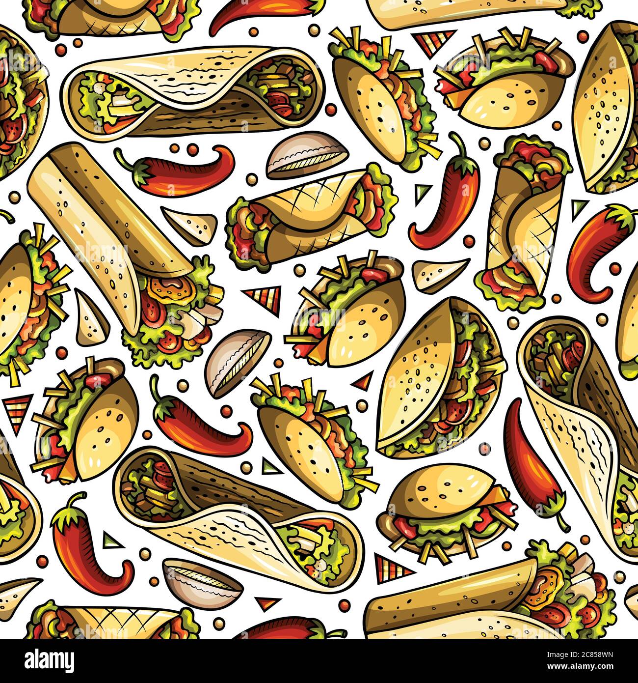 Cartoon hand-drawn latin american, mexican seamless pattern Stock ...