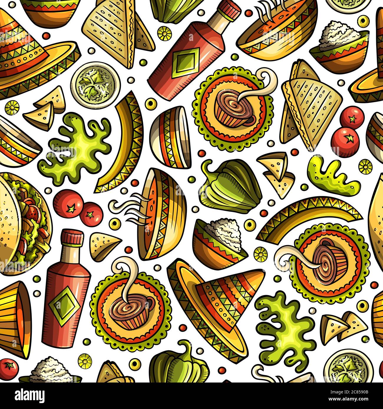 Cartoon hand-drawn latin american, mexican seamless pattern Stock ...