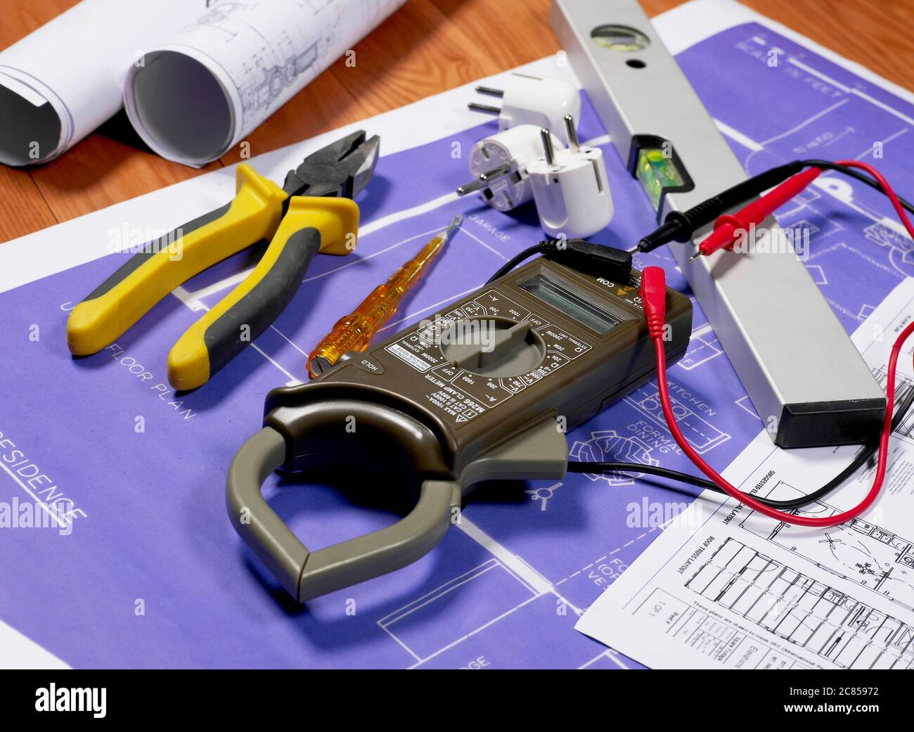 Electric equipment and blueprints Stock Photo - Alamy