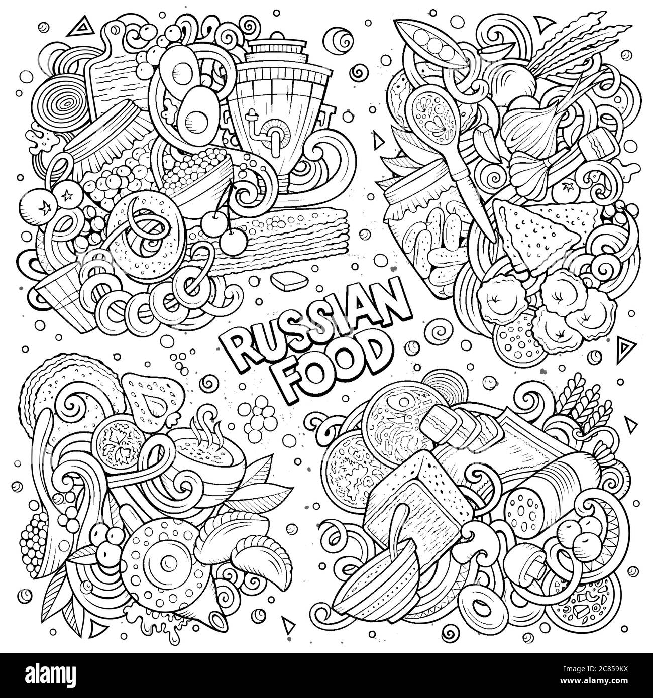 Line art vector hand drawn doodles cartoon set of Russian food ...