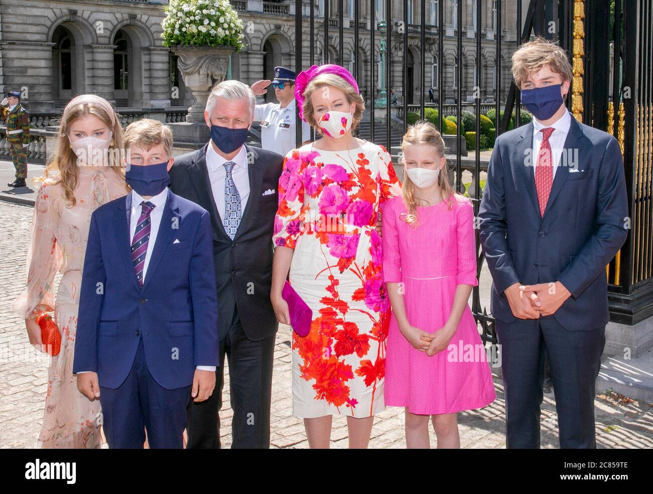 Brussel, Belgium. 21st July, 2020. King Filip, Queen Mathilde, Princess ...