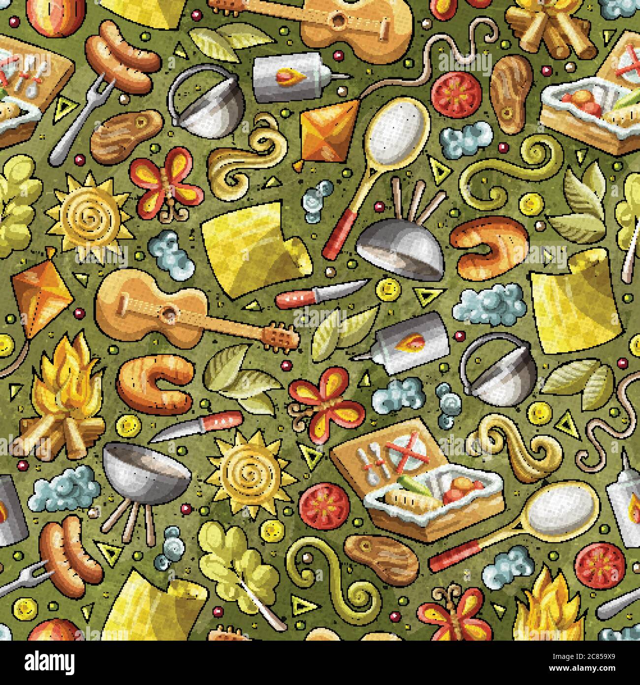 Cartoon cute hand drawn Picnic seamless pattern Stock Vector Image ...