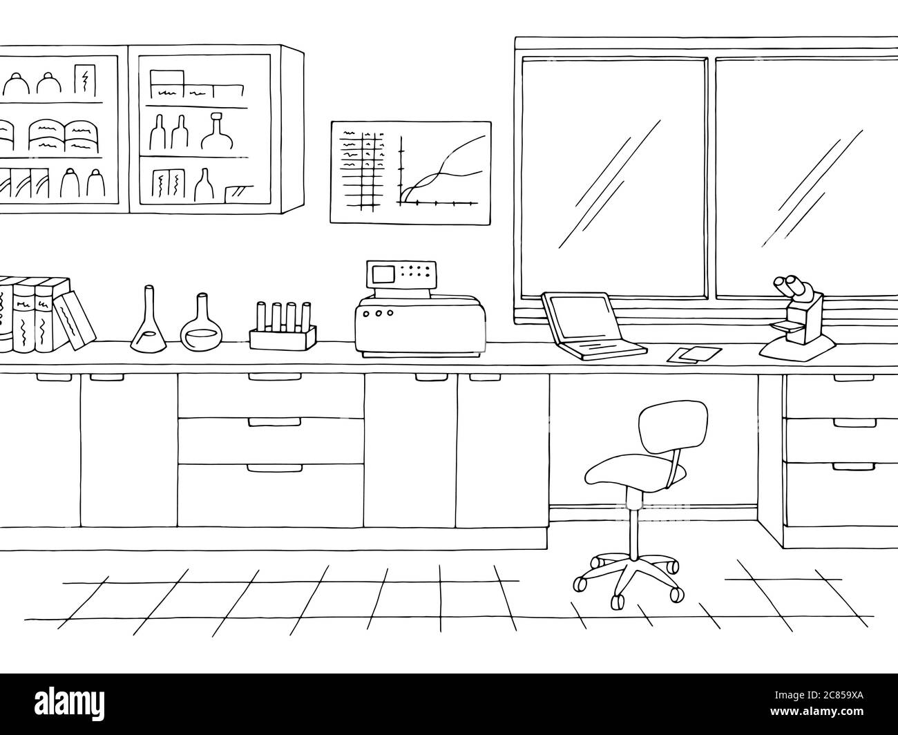 Laboratory graphic black white interior sketch illustration vector ...