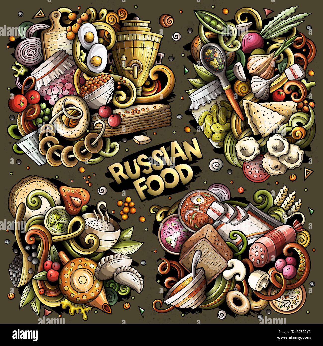 Colorful vector hand drawn doodles cartoon set of Russian food ...