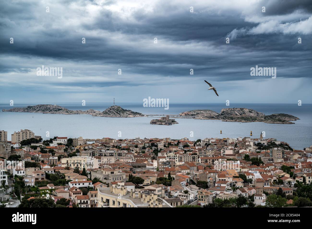 Wide-angle shot of mediterranean sea with a view at Marseille and it's ...