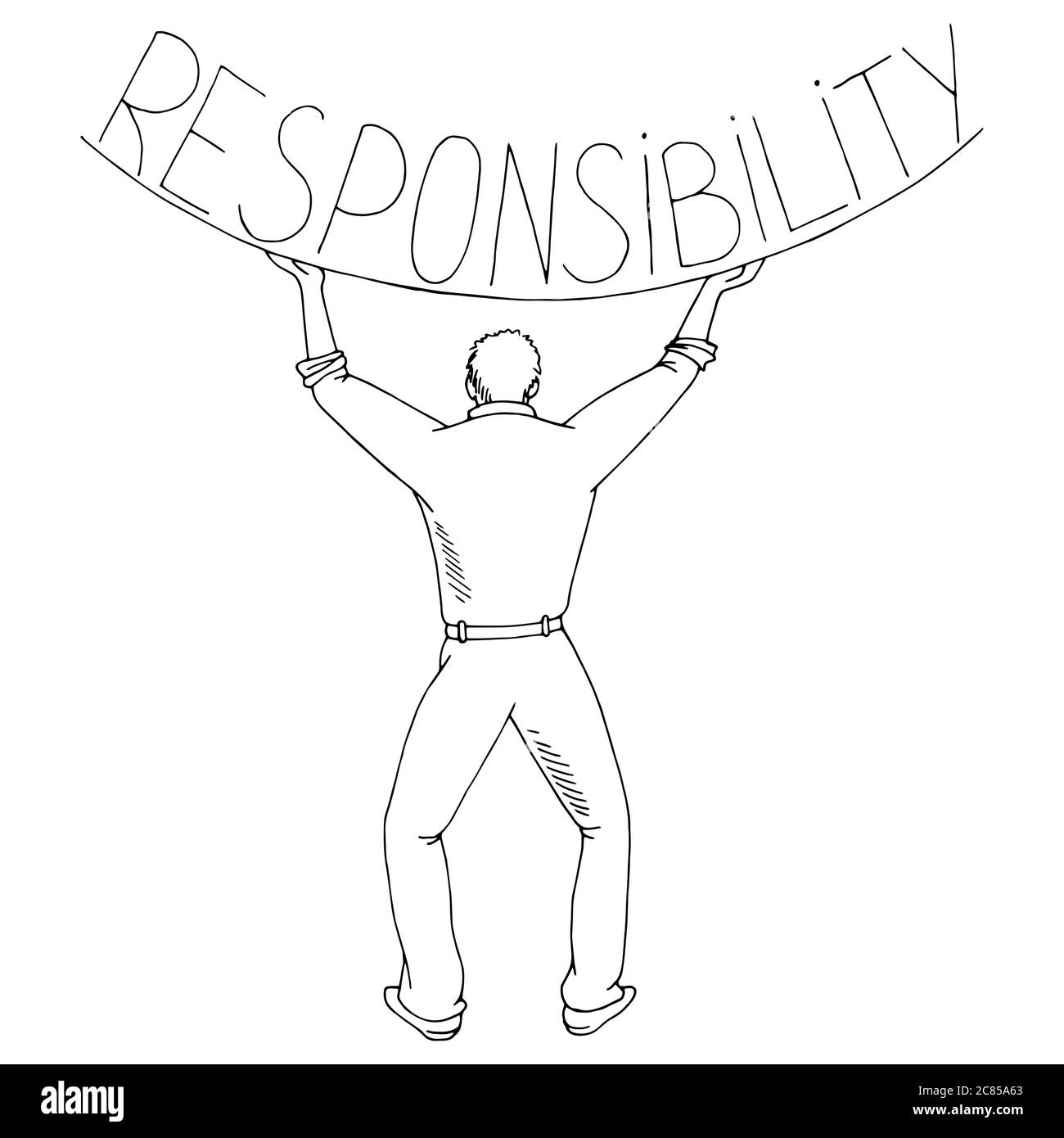 Man holds a heavy inscription responsibility isolated graphic black ...