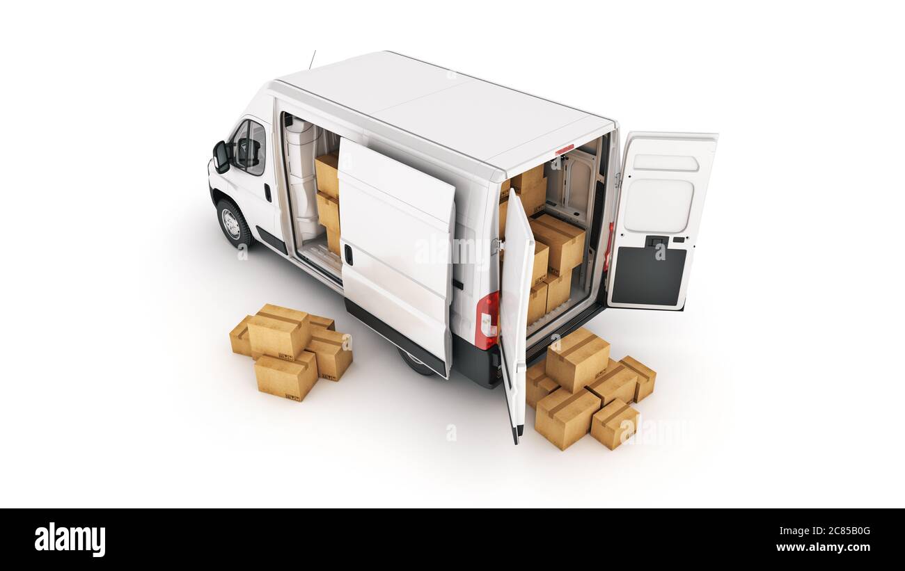 commercial delivery vans with cardboard boxes. 3d rendering Stock Photo ...