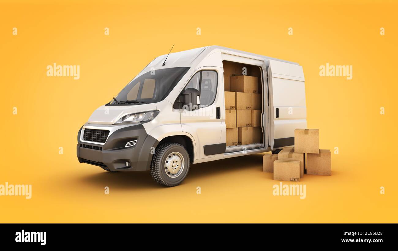 commercial delivery vans with cardboard boxes. 3d rendering Stock Photo ...