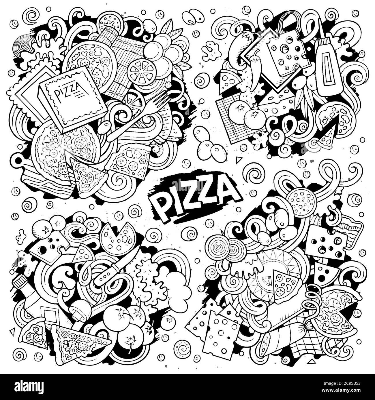 Line art vector hand drawn doodles cartoon set of Pizza combinations ...