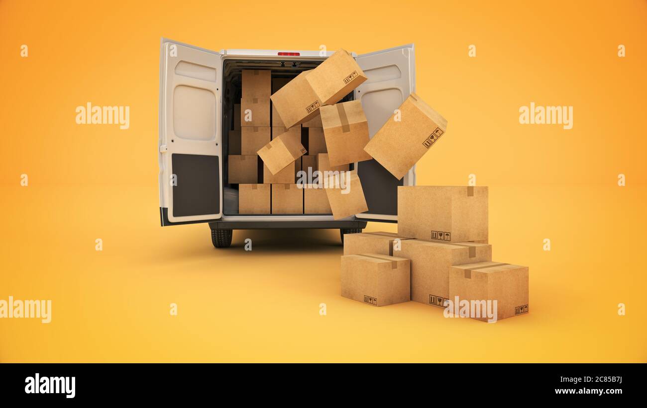 commercial delivery vans with cardboard boxes. 3d rendering Stock Photo - Alamy