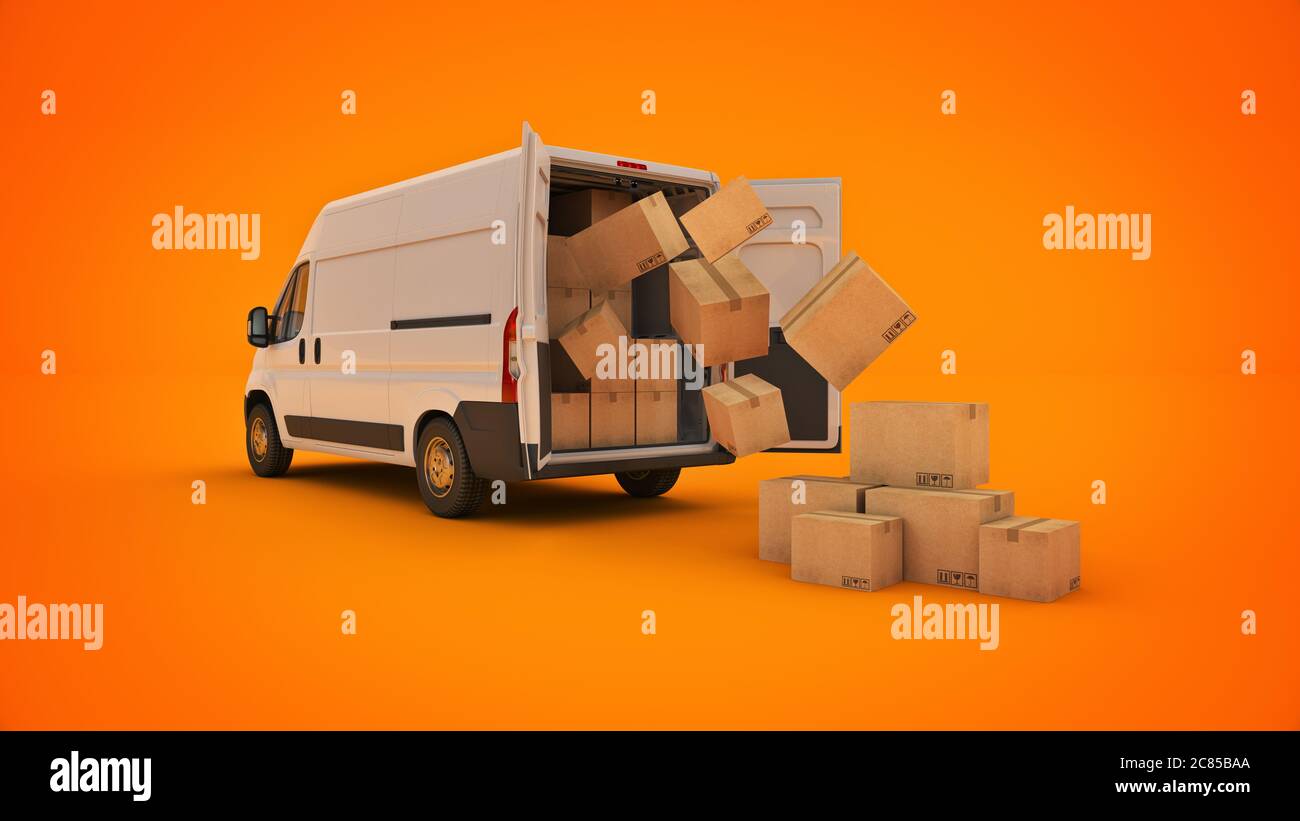 commercial delivery vans with cardboard boxes. 3d rendering Stock Photo ...
