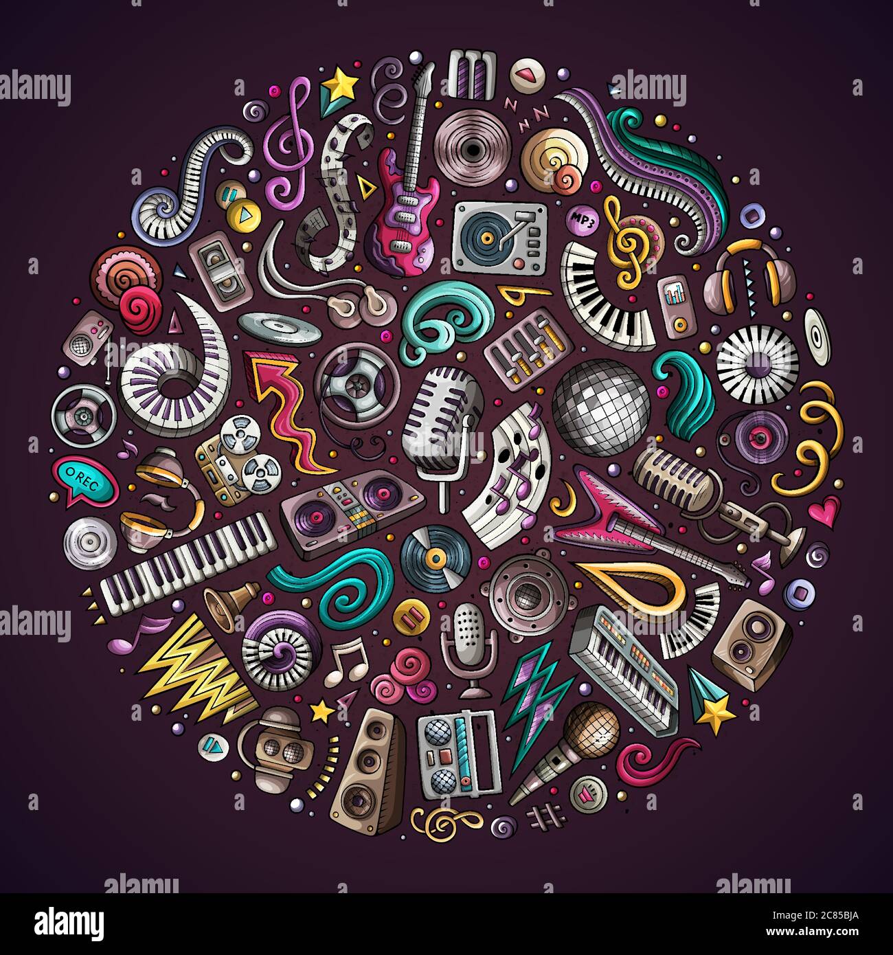 Set of vector cartoon doodle musical objects collected in a circle ...