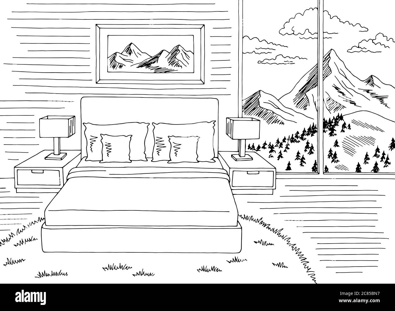 Bedroom graphic black white home interior sketch illustration vector ...