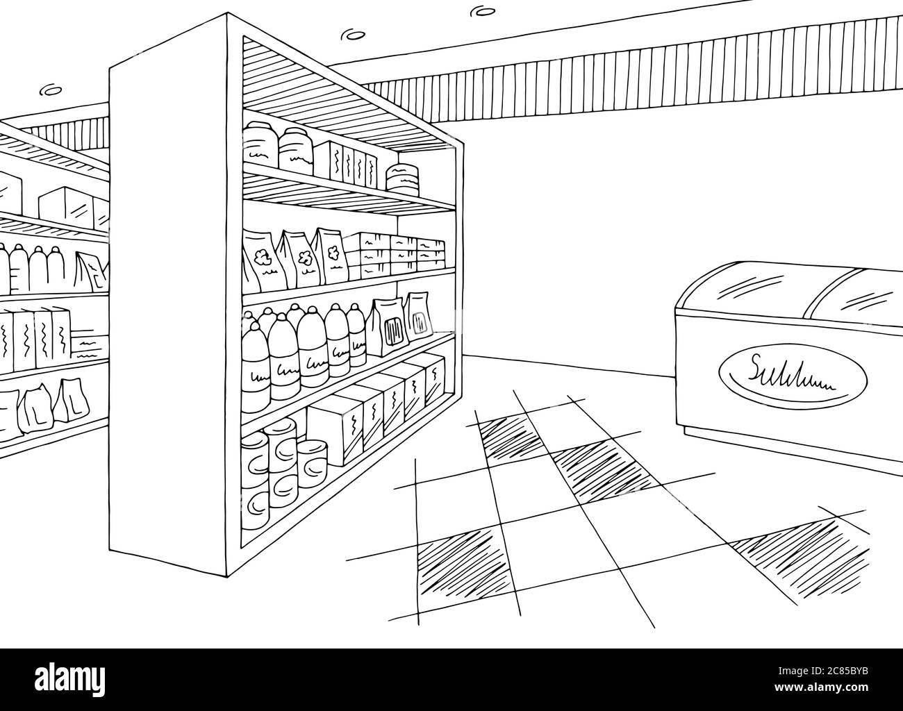Grocery store shop interior black white graphic sketch illustration ...