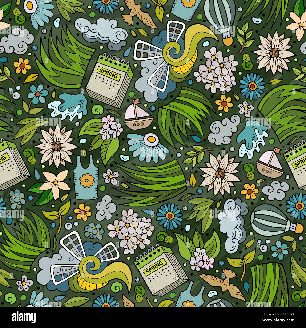 Cartoon cute hand drawn Spring seamless pattern Stock Vector Image ...