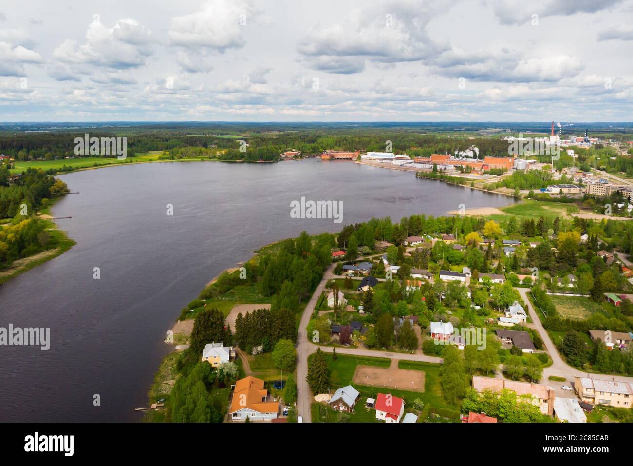Aerial panoramic view of city Inkeroinen at river Kymijoki, Finland ...