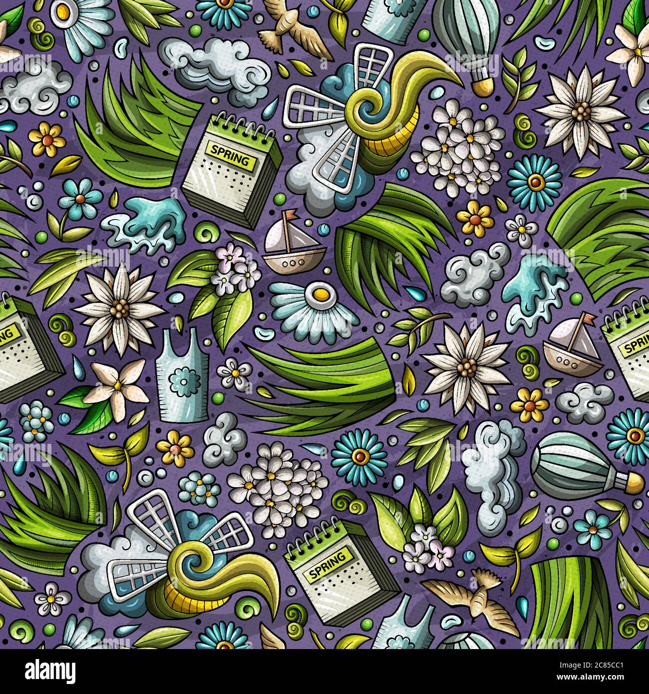 Cartoon cute hand drawn Spring seamless pattern Stock Vector Image ...