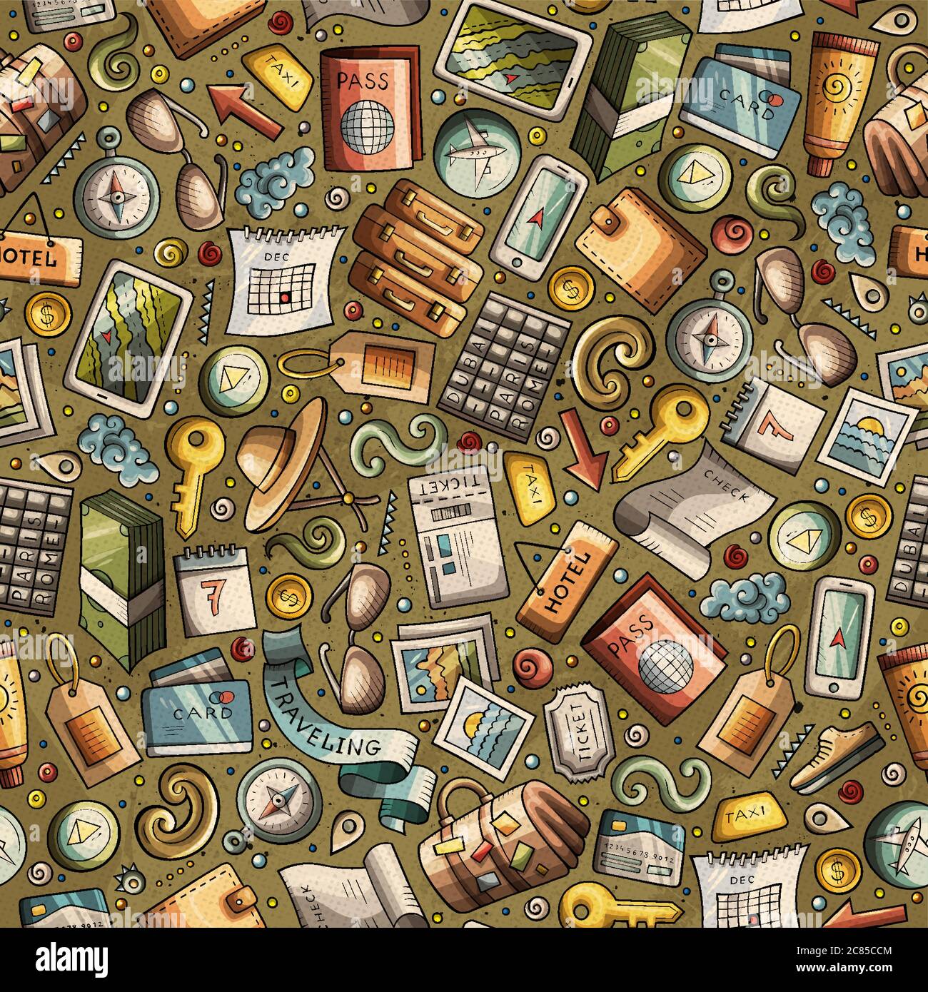 Cartoon Traveling seamless pattern with lots of objects Stock Vector ...