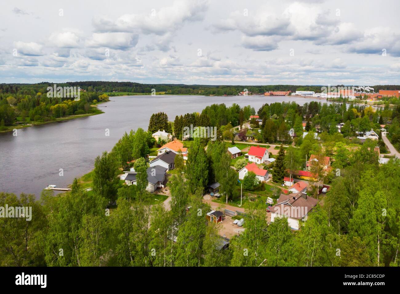Aerial panoramic view of city Inkeroinen at river Kymijoki, Finland ...