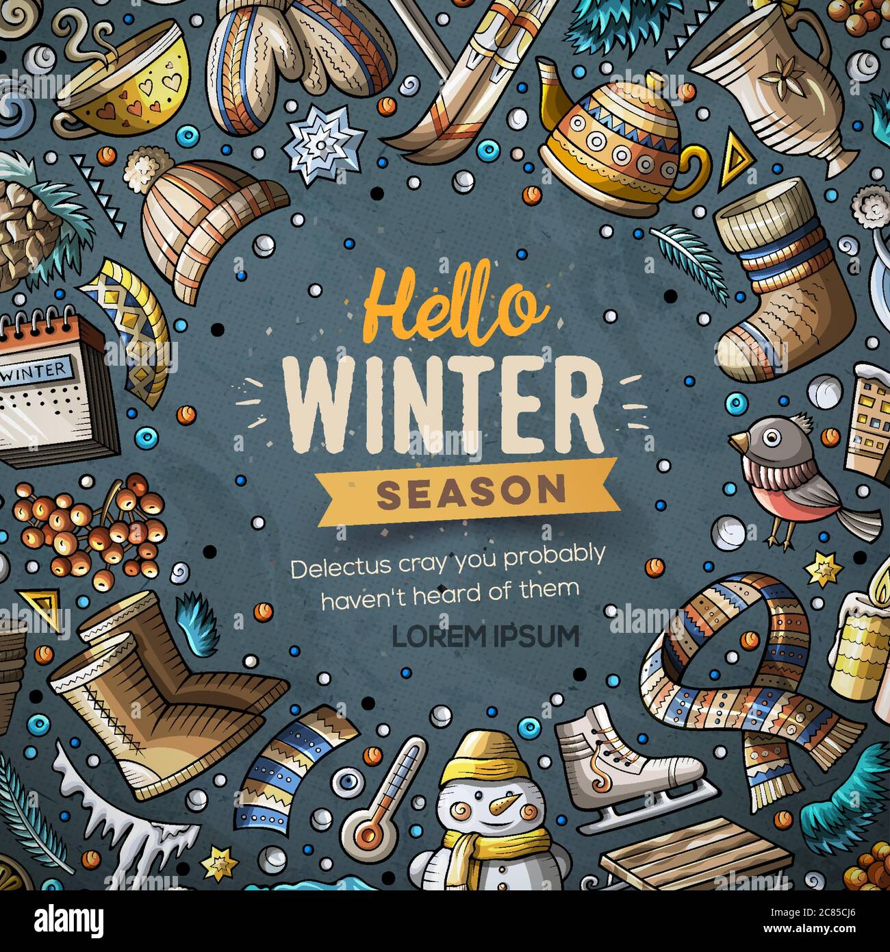 Cartoon vector doodles Winter objects frame card design Stock Vector ...